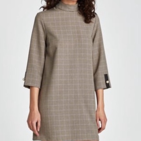 Zara | Dresses | Zara Checkered Mock Neck Dress Faux Pearls Small ...